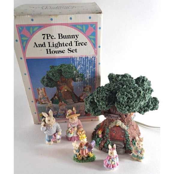 Vintage | Holiday | Vintage Easter Bunny Lighted Tree House Set W 5 ...